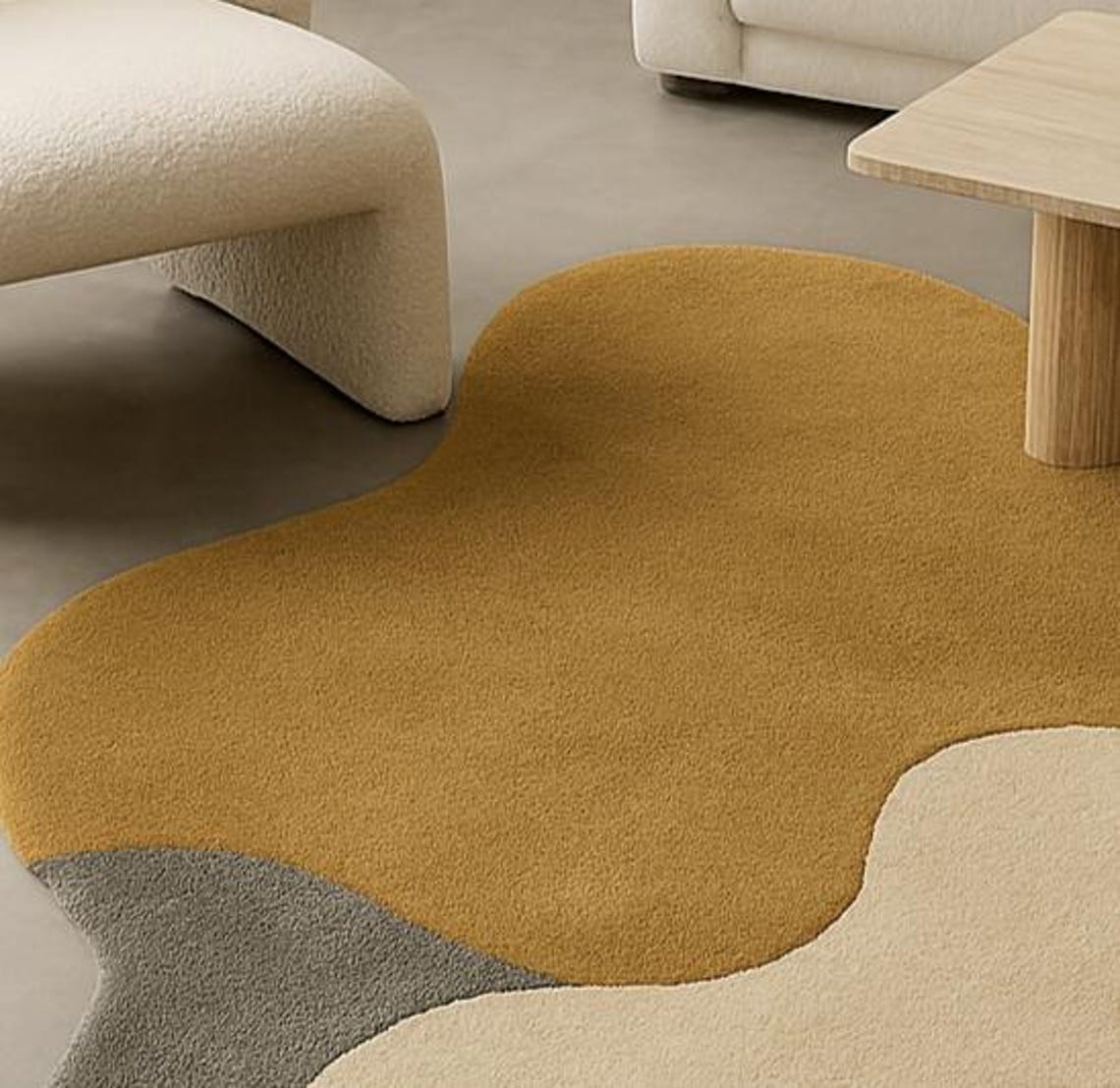 Modern Abstract Blob Rug – Mustard, Black & Beige | Irregular Shaped ...