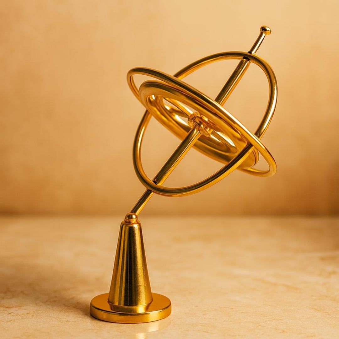 Metal Gyroscope Desk Sculpture – Spinning Kinetic Orbit Decor on Stand ...