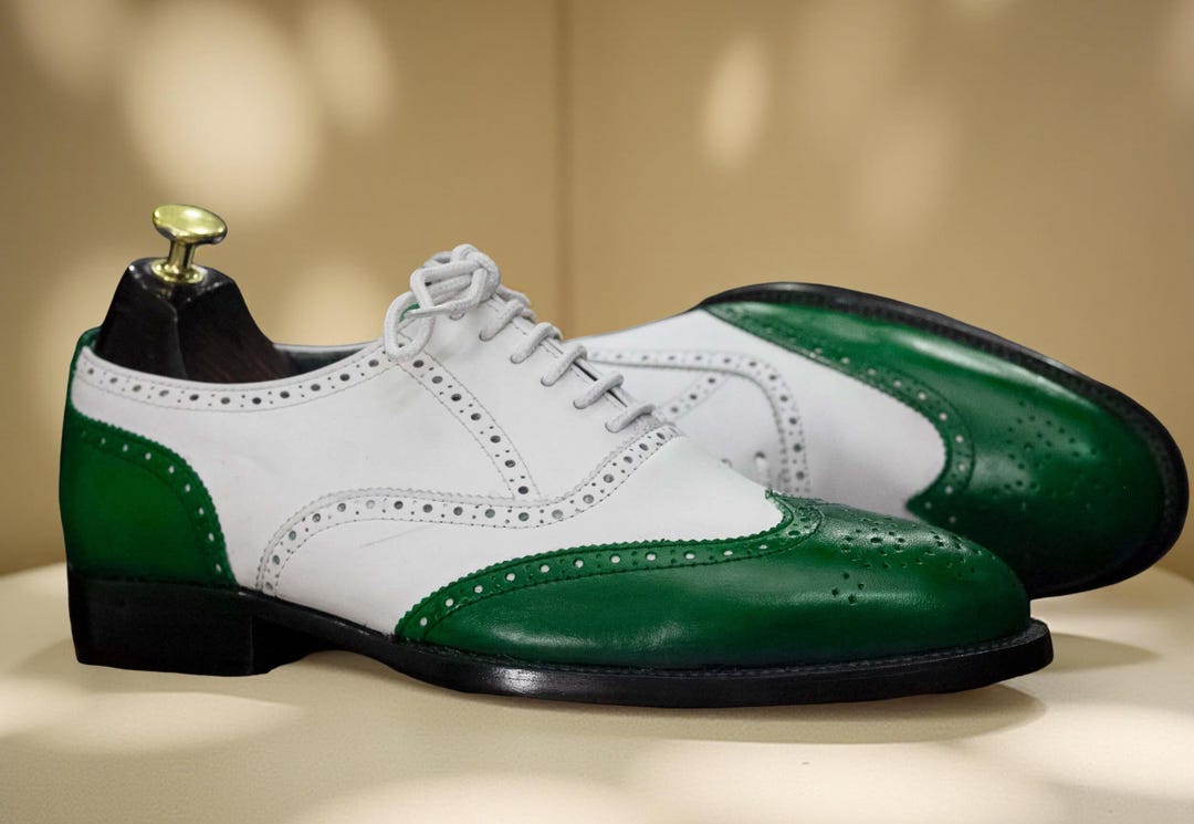 Handmade Green White Wing Tip Lace up Shoes,hand Painted Shoes, Stylish ...