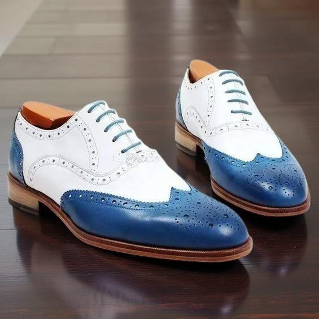 Handmade Men Blue and White Spectator Shoes, Leather Wingtip Brogue ...