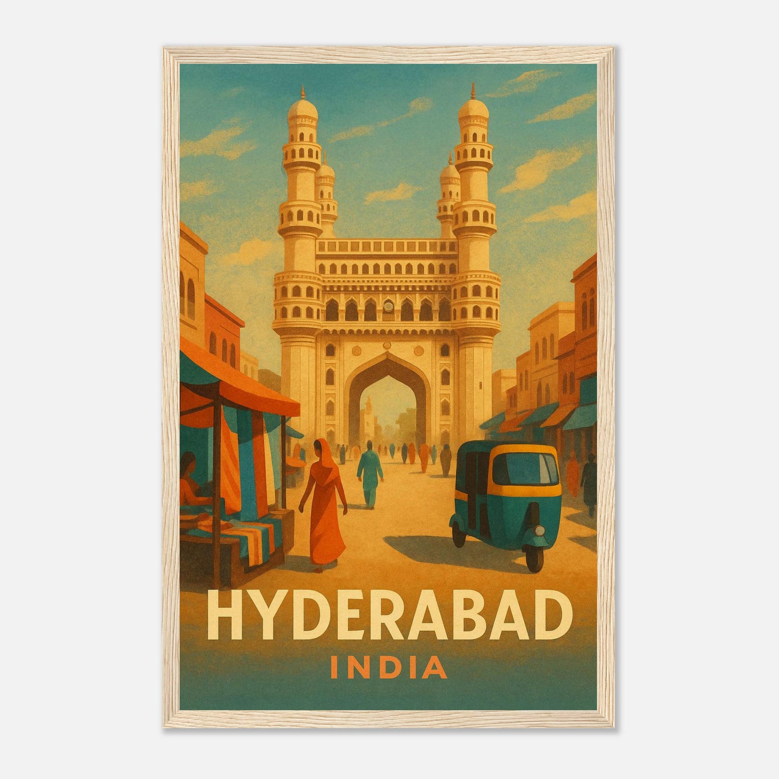 Vintage Hyderabad India Travel Poster: Charminar, Street Market ...