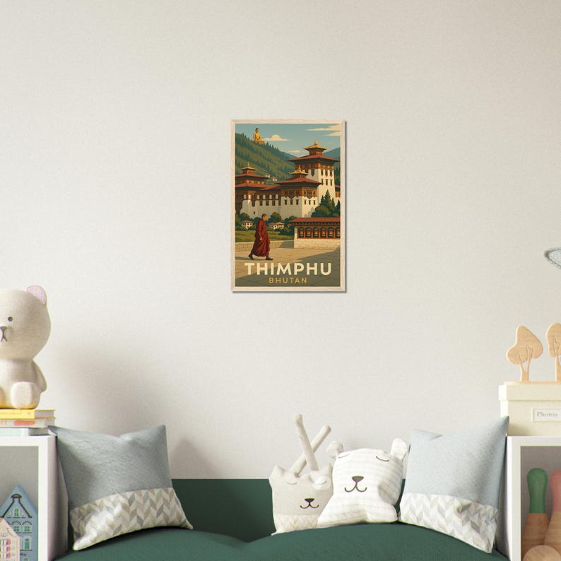 Bhutan Travel Poster: Thimphu Temple Scene, Monk Under Buddha (digital ...