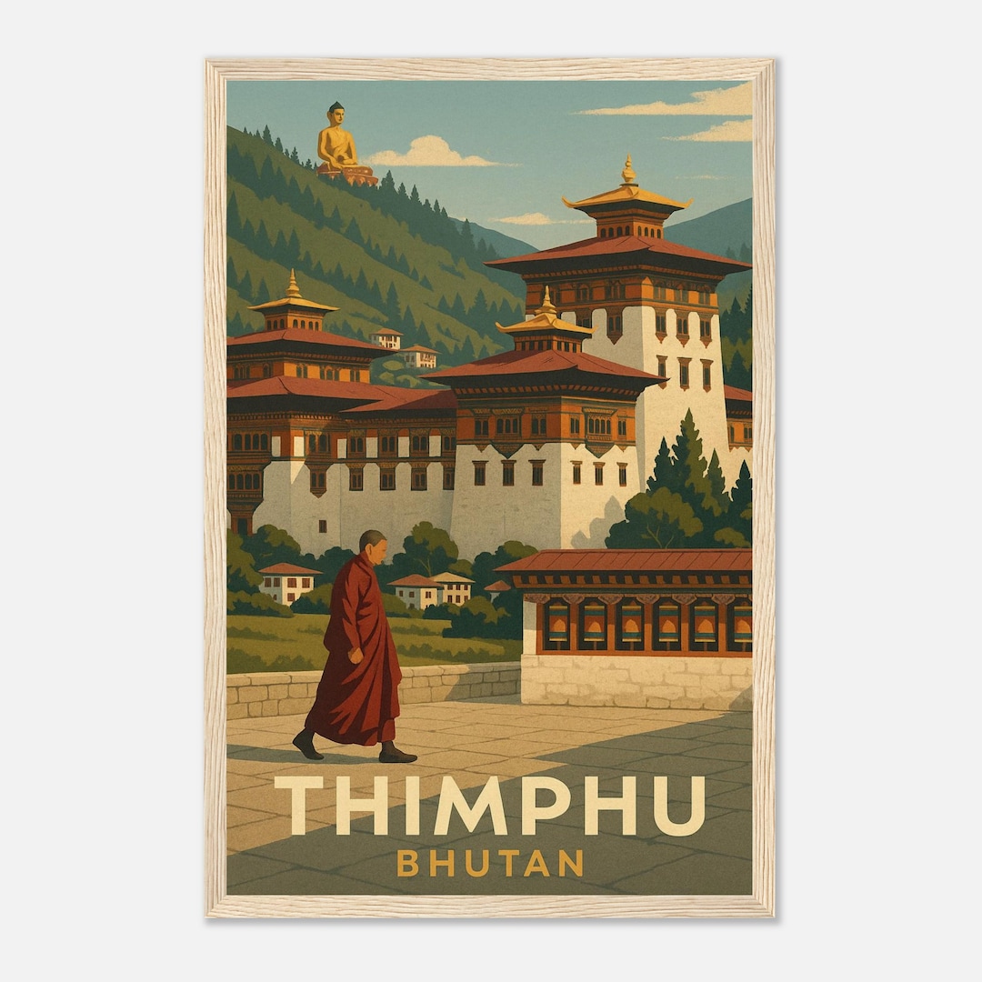 Bhutan Travel Poster: Thimphu Temple Scene, Monk Under Buddha (digital ...