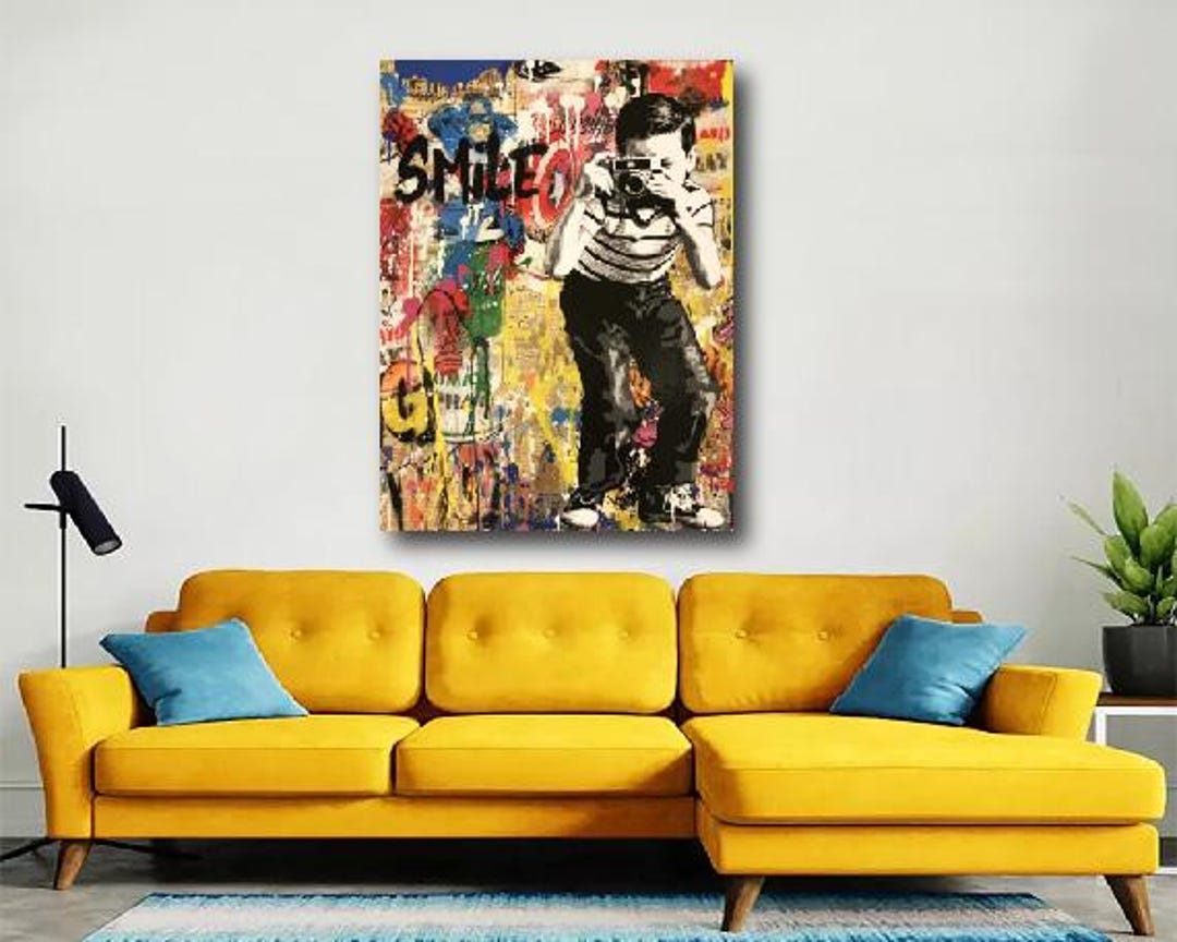 Boy Taking Photos Banksy Canvas Poster Print, Boy With Camera Graffiti ...