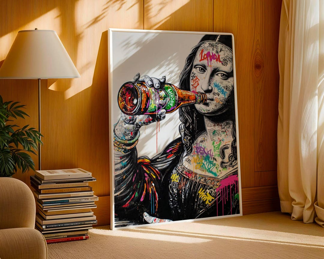 MONA LISA Drinking Banksy Canvas Poster Print, Mona Lisa Pop Art ...