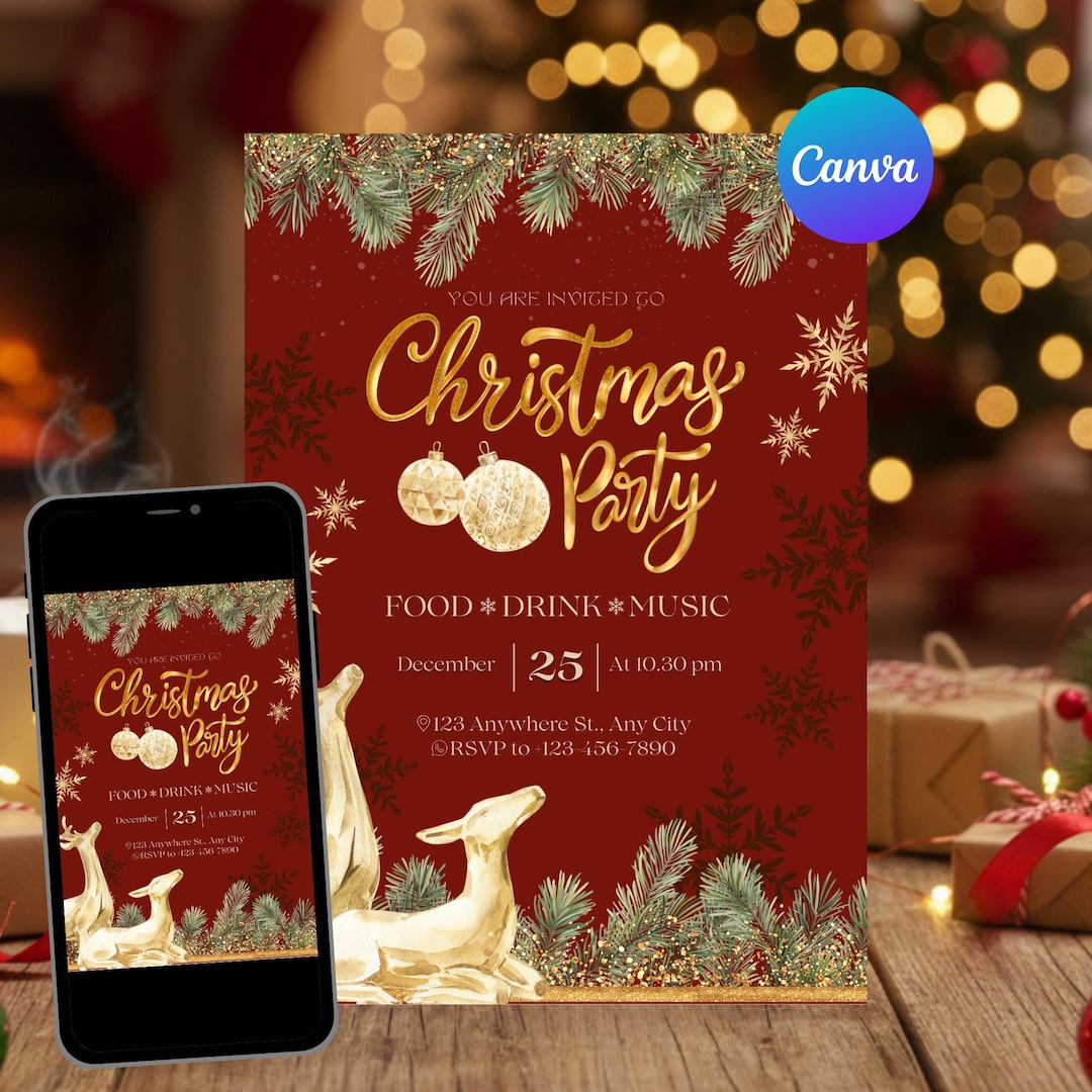 Christmas Party Invitation Template | Golden Elegant Holiday Invitation ...