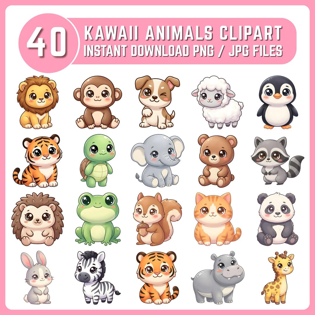 Kawaii Animal Clipart Bundle | 40 PNG Designs (digital Download - Etsy