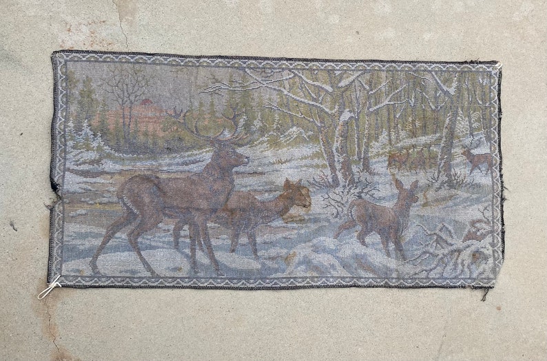 Vintage Stag and Deer Winter Scene Tapestry Wall Rug 36.5" X 19" RF0213 ...