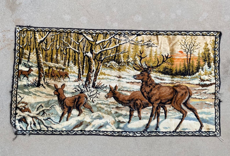Vintage Stag and Deer Winter Scene Tapestry Wall Rug 36.5" X 19" RF0213 ...
