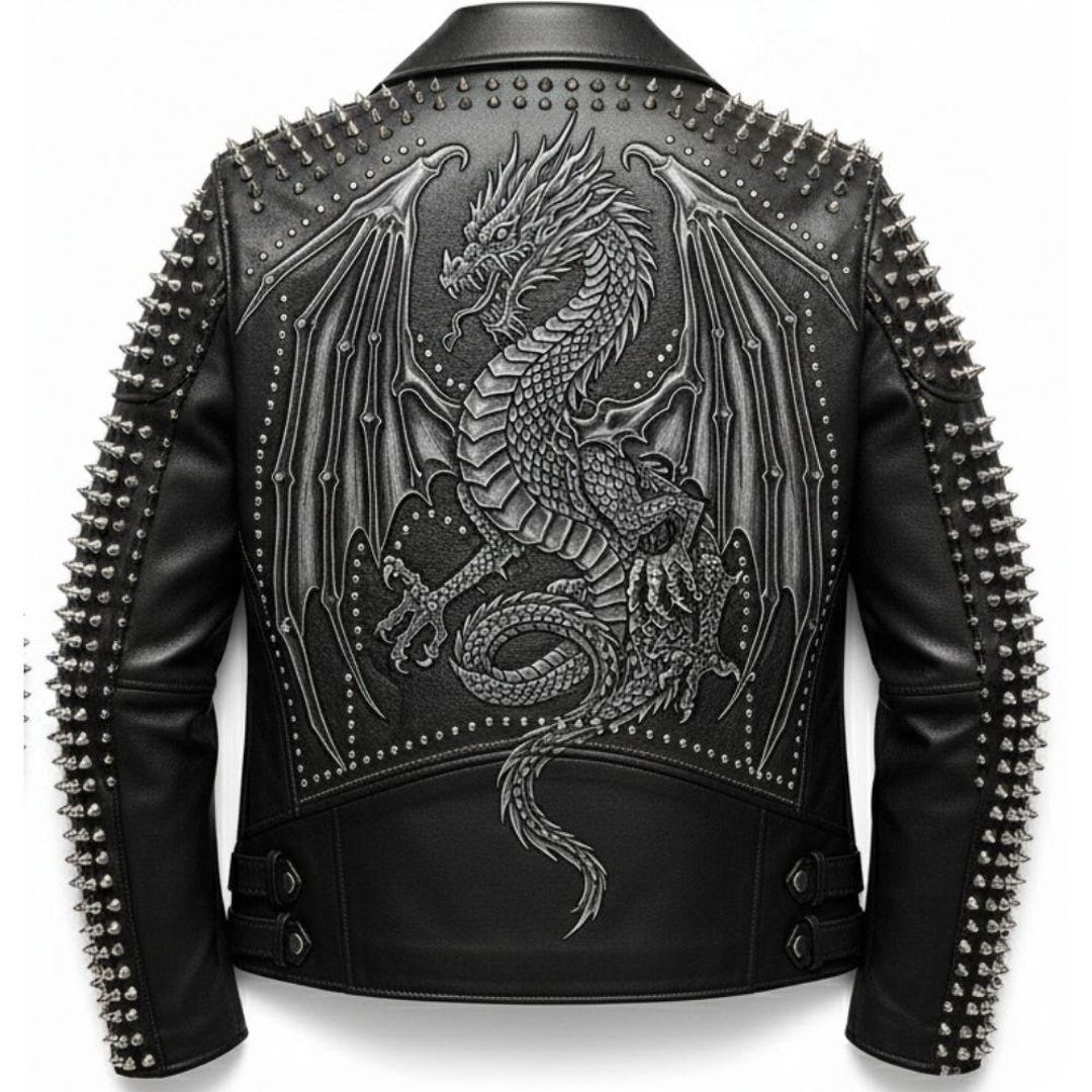 Spiked Black Leather Biker Jacket With Dragon Motif - Etsy