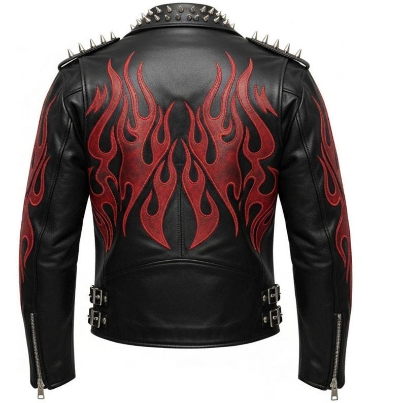 Red Flame Black Leather Biker Jacket: Spiked Shoulders, Studded Collar ...