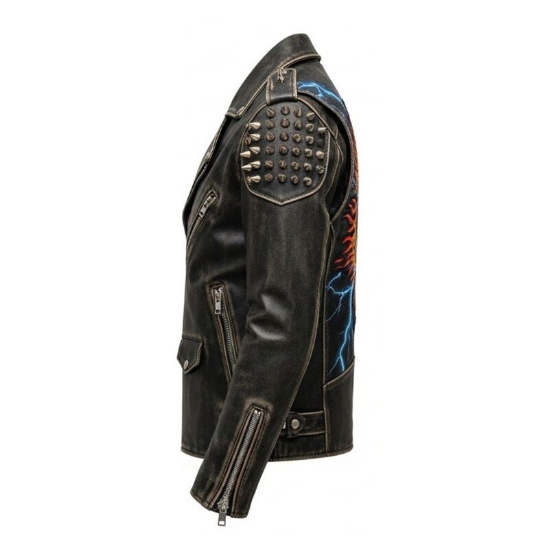 Distressed Leather Spiked Biker Jacket: Flaming Skull Back Patch - Etsy