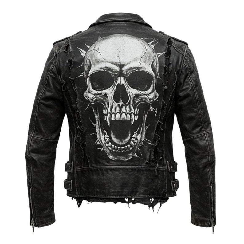 Men's Distressed Black Sheepskin Biker Jacket: Vampire Skull Graphic ...