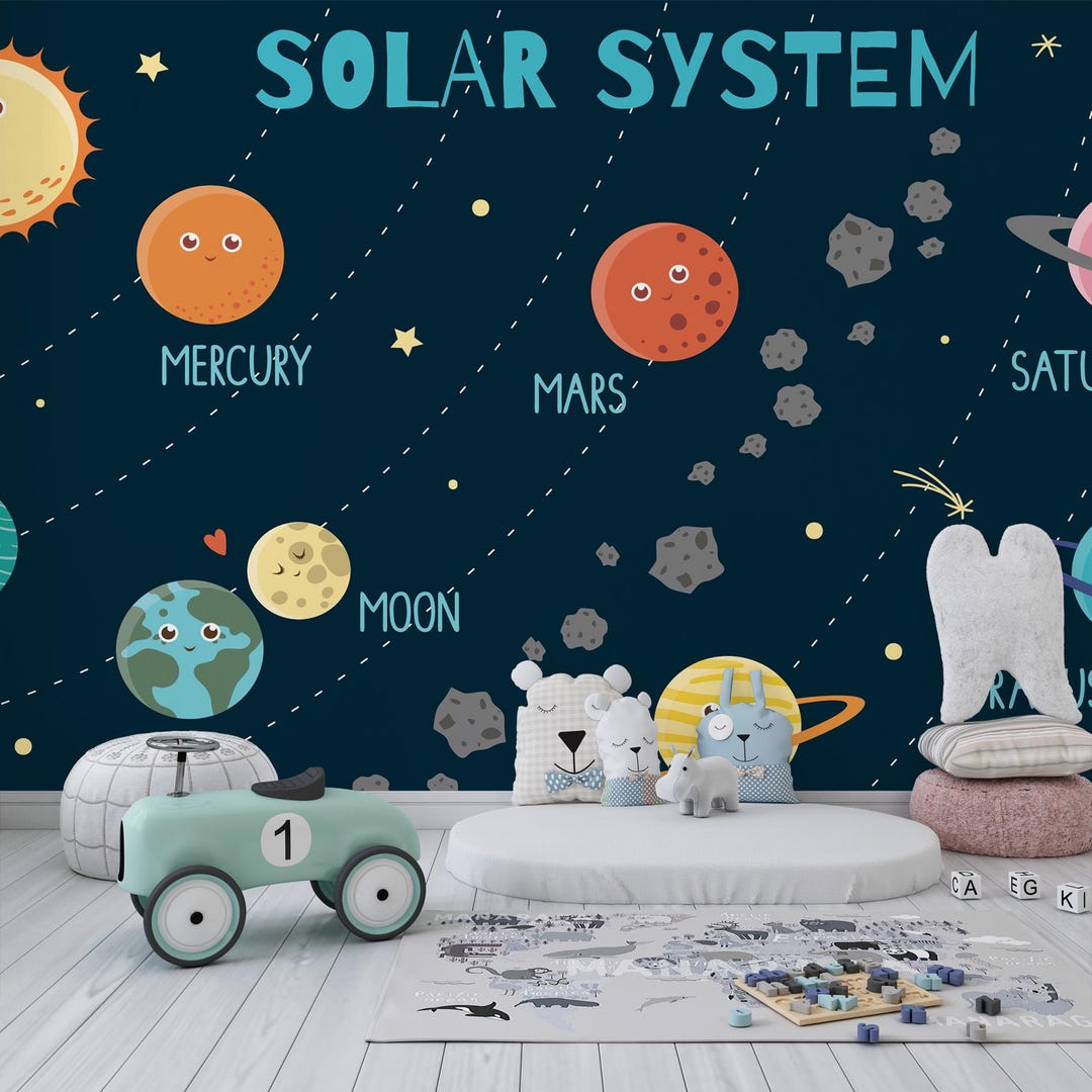 Solar System Mural, Educational Nursery Wallpaper, Cartoon Planet Wall ...