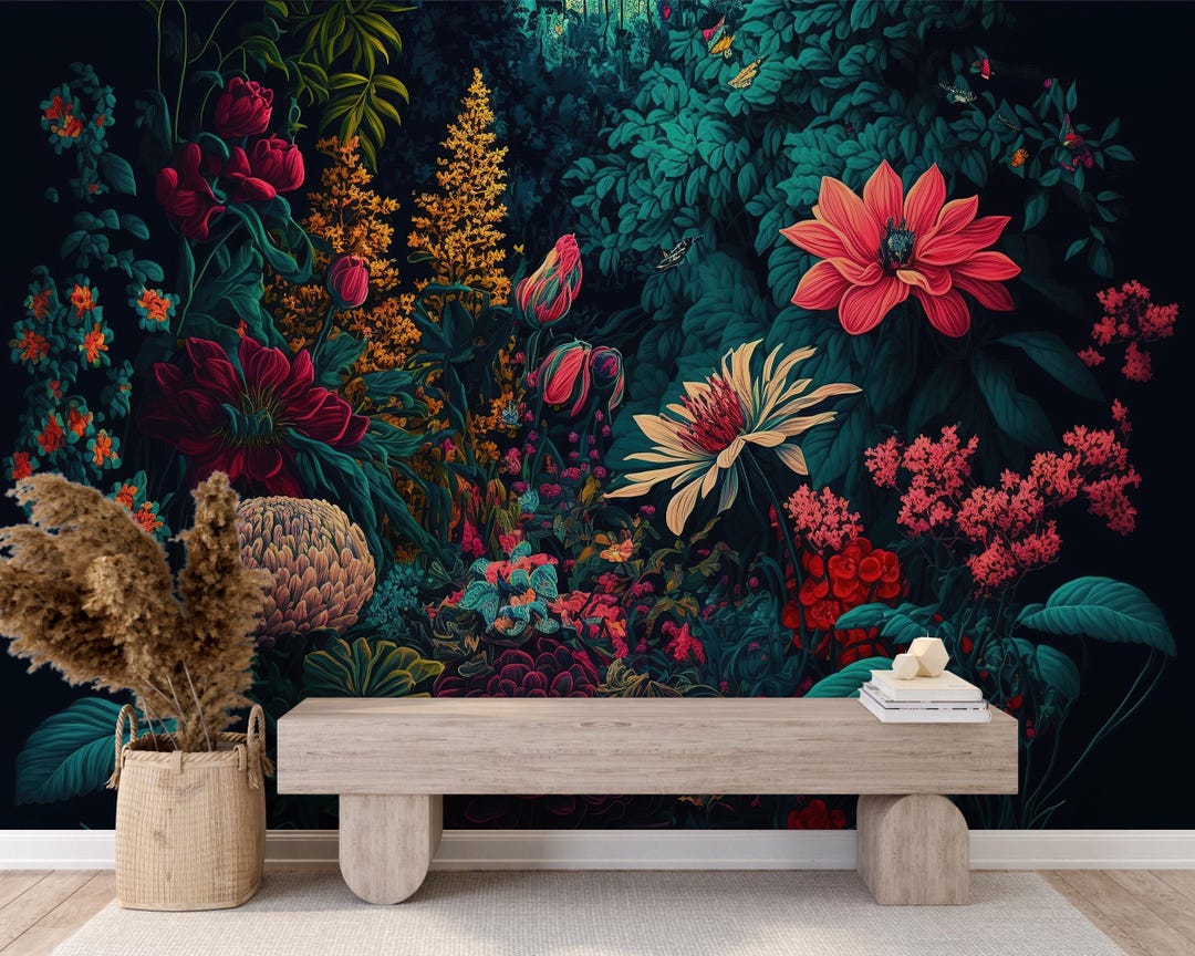 Moody Rainforest Wallpaper, Dark Maximalist Floral Mural, Botanical ...