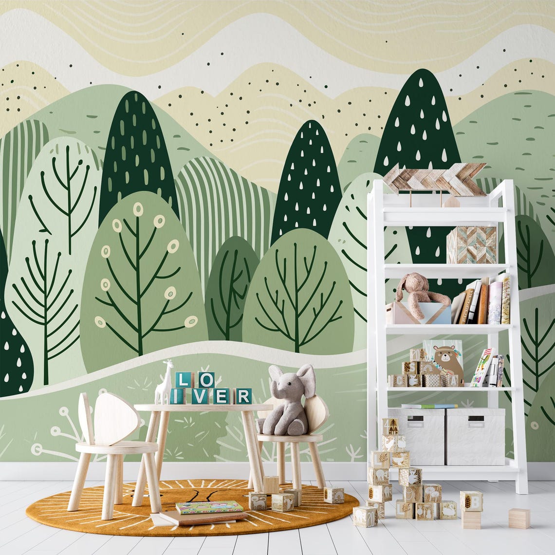 Scandi Woodland Nursery Wallpaper, Sage Green Forest Mural - Etsy