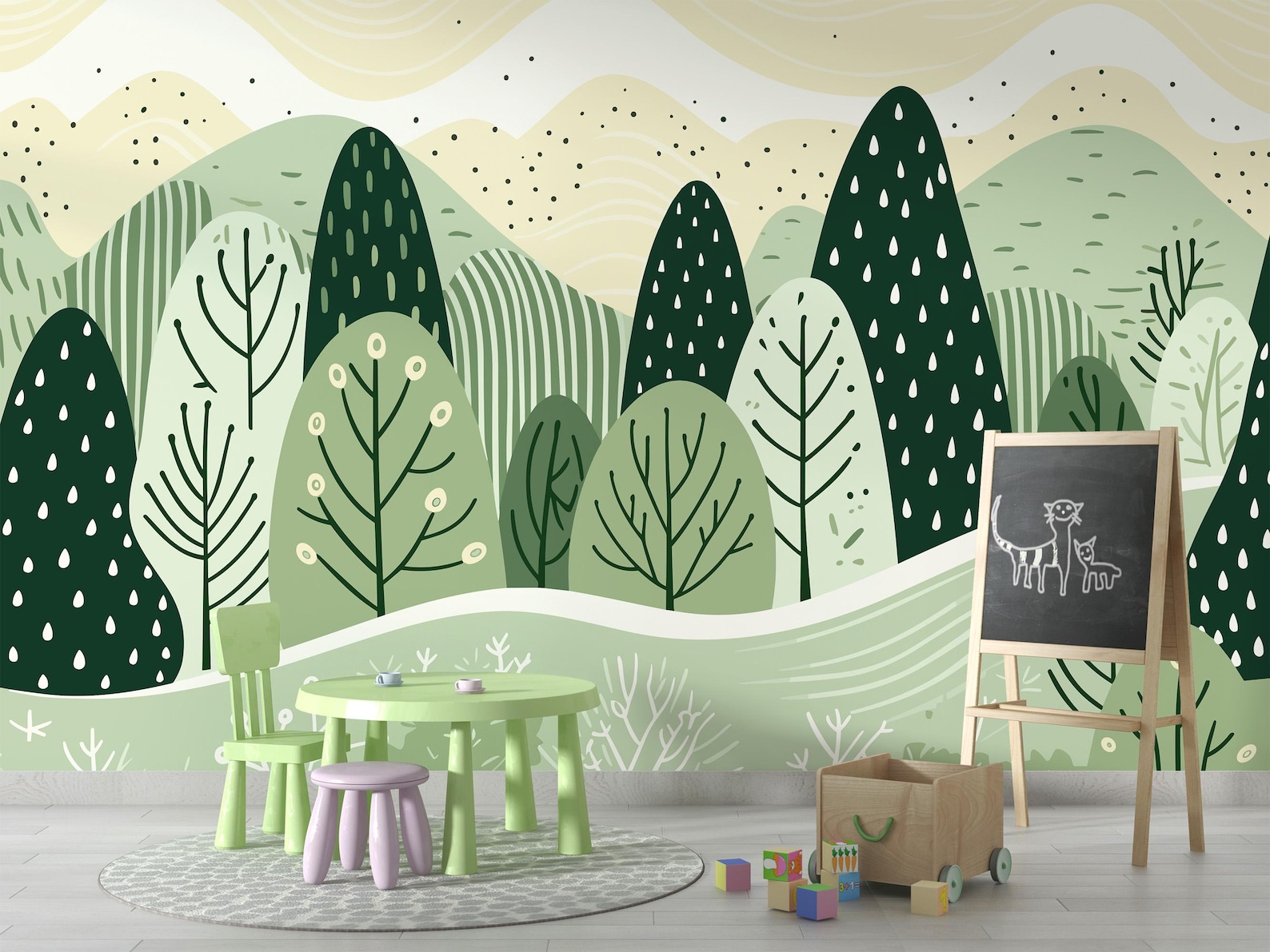 Scandi Woodland Nursery Wallpaper, Sage Green Forest Mural - Etsy