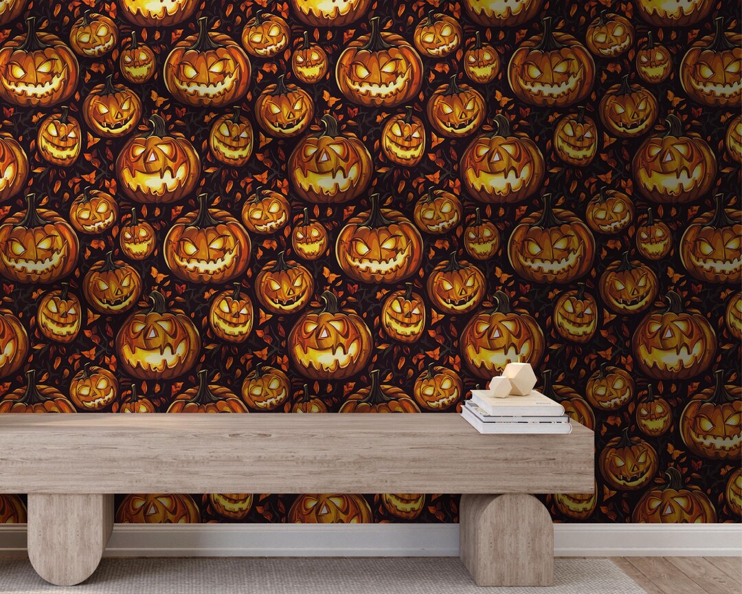 Spooky Pumpkin Peel and Stick Wallpaper, Halloween Jack O Lantern Mural ...