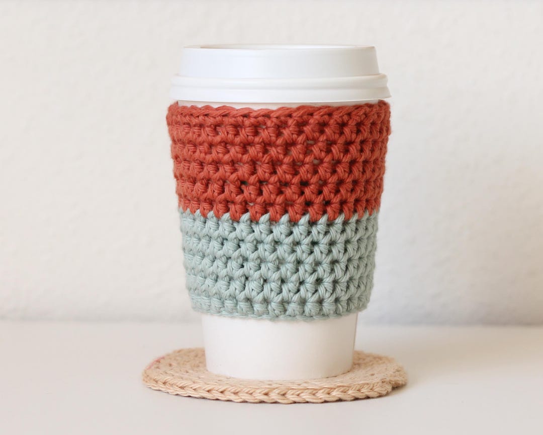 Reusable Coffee Sleeve in Spa Blue and Burnt Orange Red- Crocheted ...