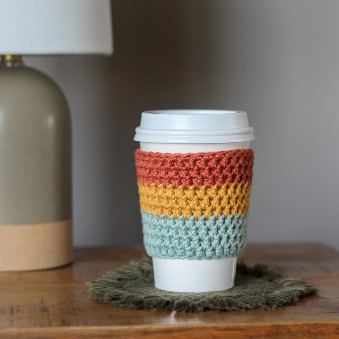 Reusable Coffee Sleeve in Blue, Yellow, and Red - Crocheted Coffee Cozy ...