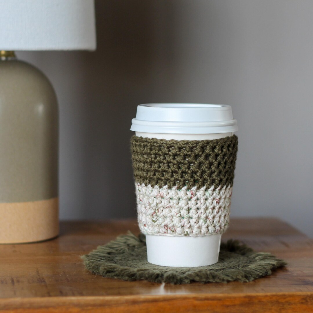 Reusable Coffee Sleeve in Olive Green and Tan Mix- Crocheted Coffee ...