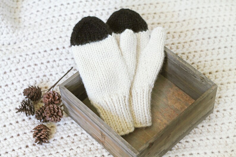 Cozy Knit Wool Mittens- Color off White With Black- Two Tone Warm ...