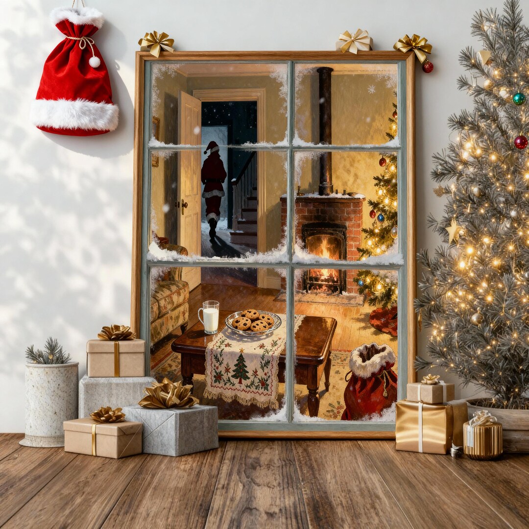 Cozy Christmas Window Scene Printable | Santa Leaving Gifts Art ...