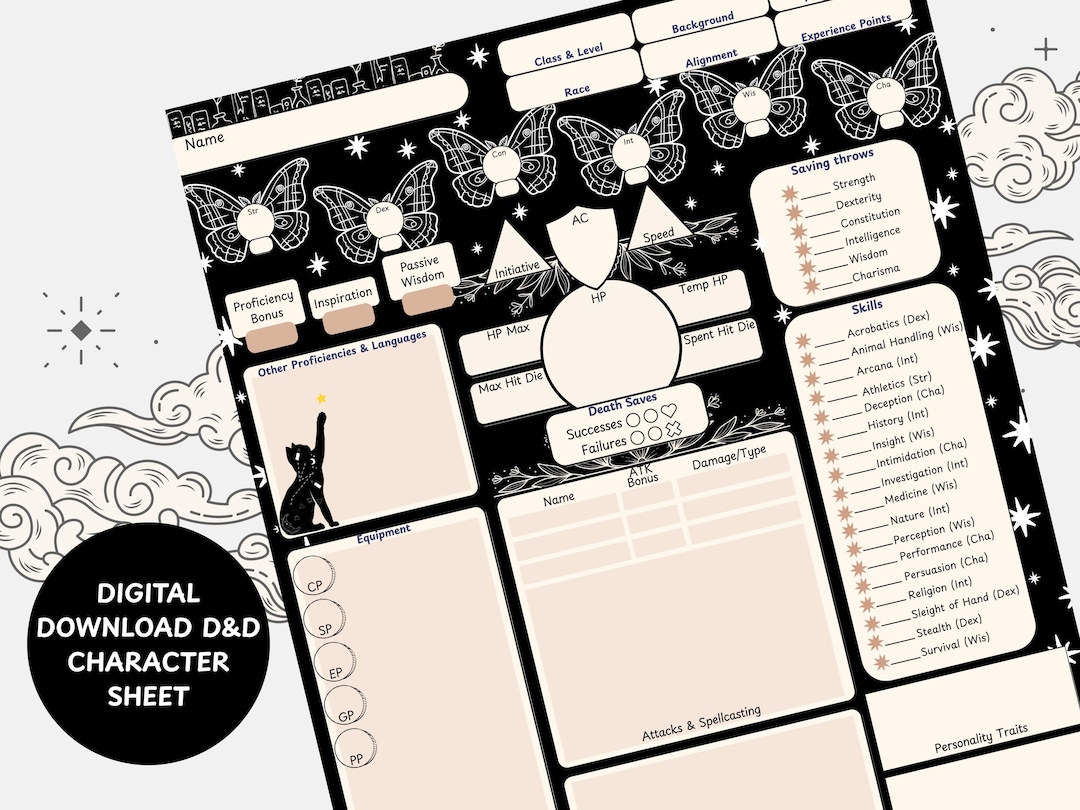 Cat Fae Themed Dnd 5E Character Sheet for Dungeons and Dragons - Etsy