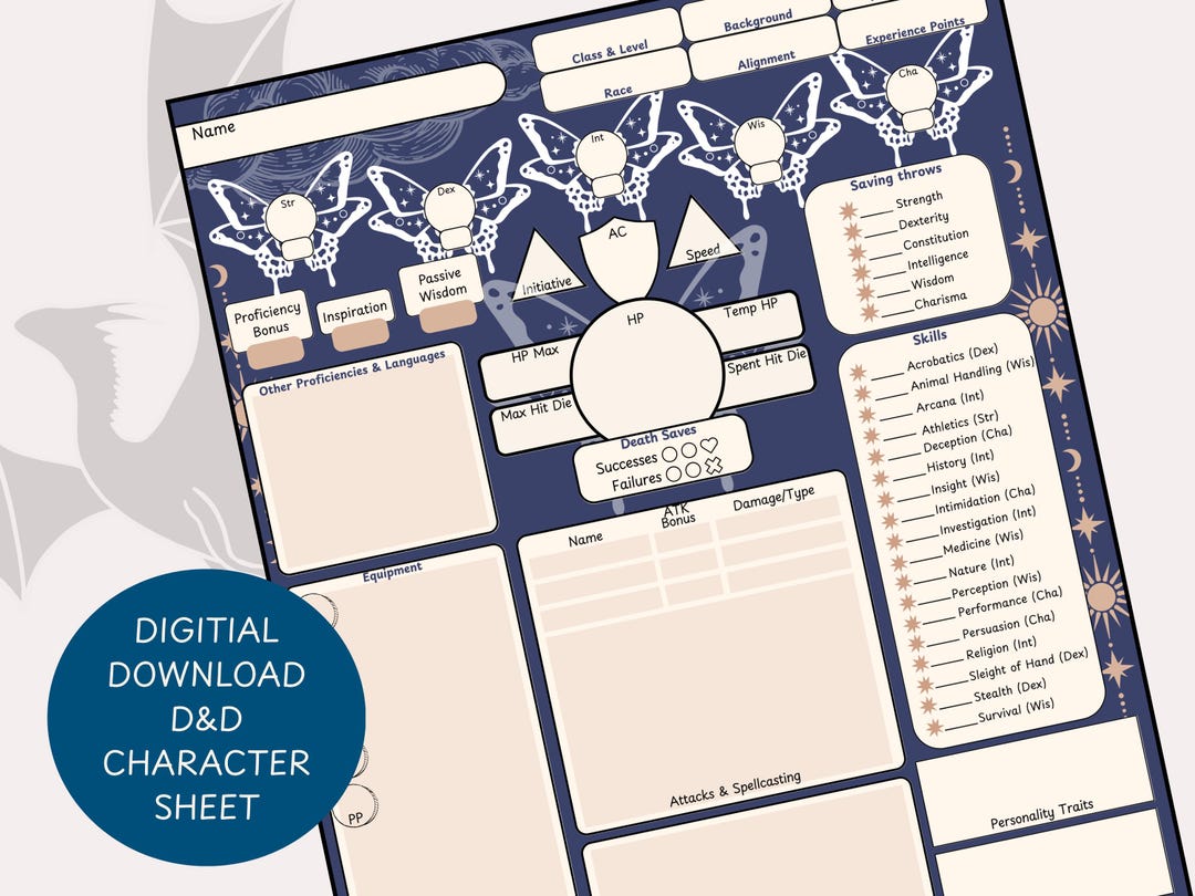 Fae Themed Dnd 5E Character Sheet for Dungeons and Dragons - Etsy