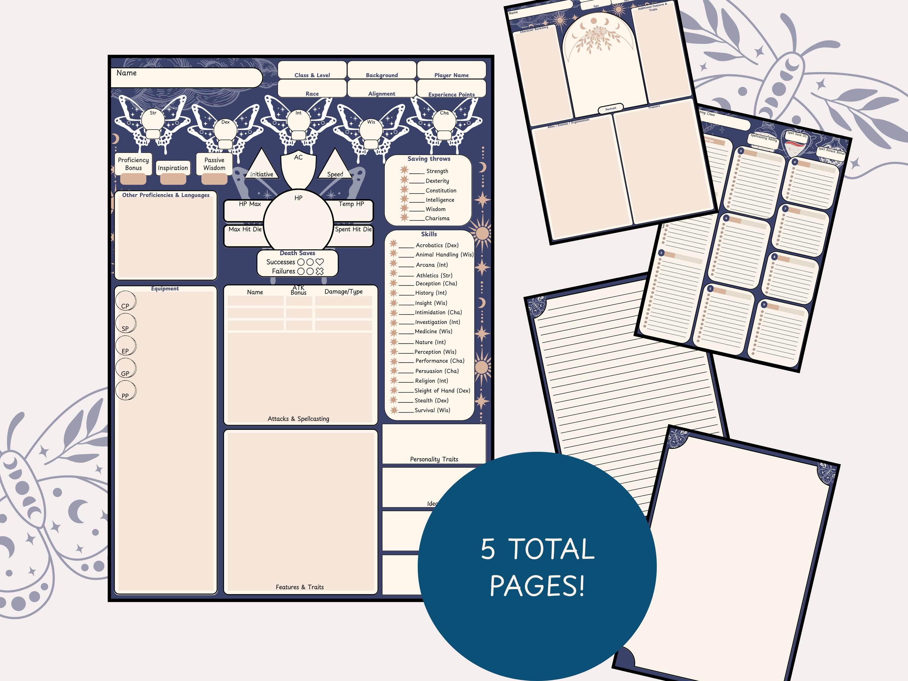 Fae Themed Dnd 5E Character Sheet for Dungeons and Dragons - Etsy