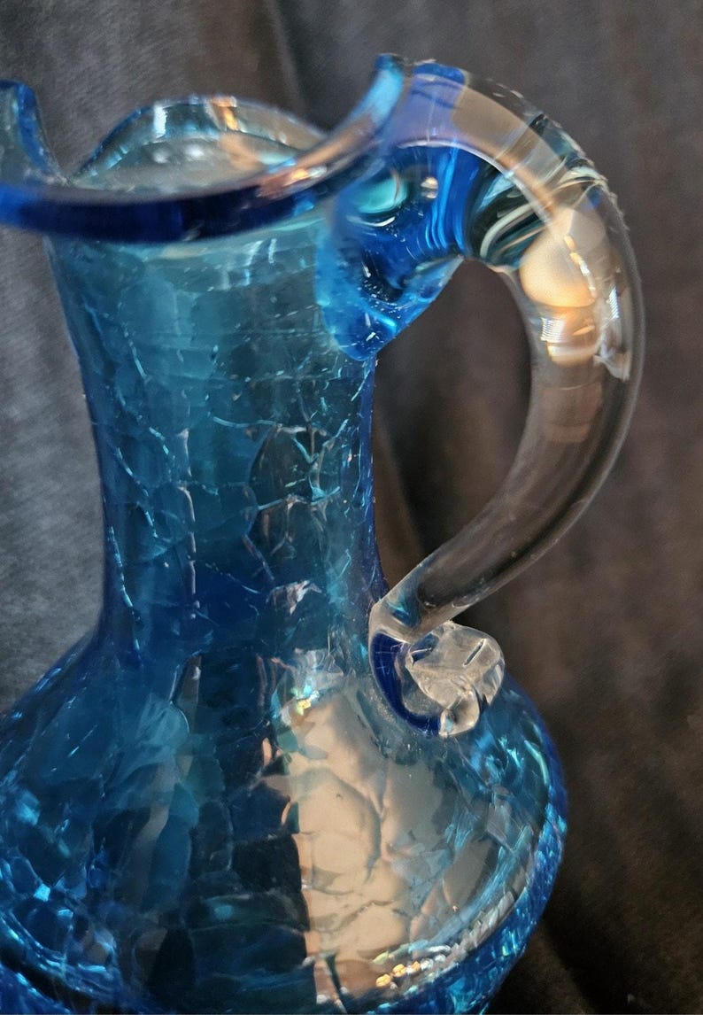 Cobalt Blue Cracked Italian Glass Small Cruet / Bud Vase / Pitcher 4 3/ ...