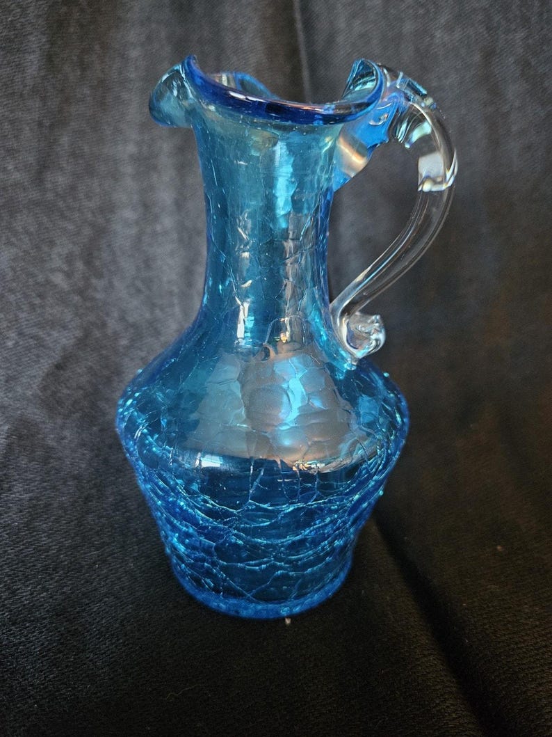Cobalt Blue Cracked Italian Glass Small Cruet / Bud Vase / Pitcher 4 3/ ...