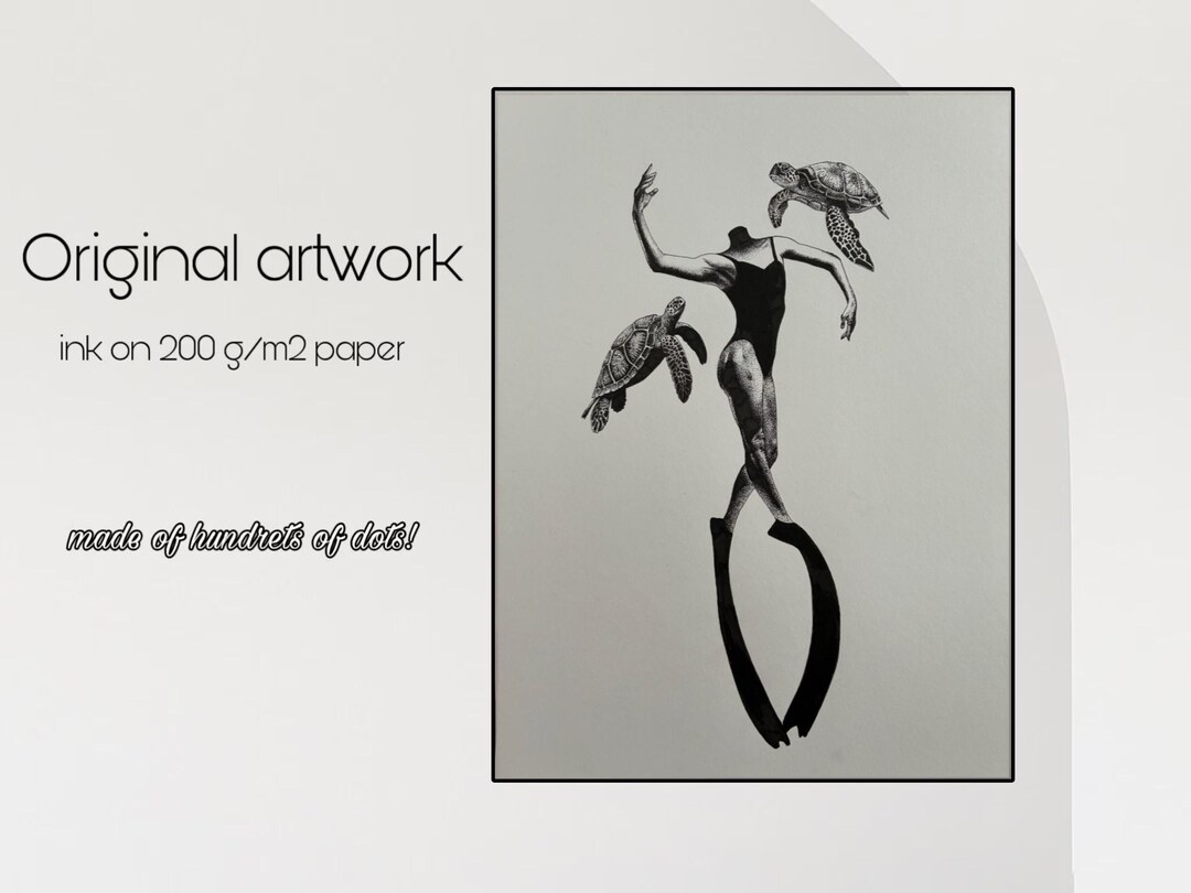 A4 Original Ink Drawing – Female Figure With Sea Turtles, Hand-drawn ...