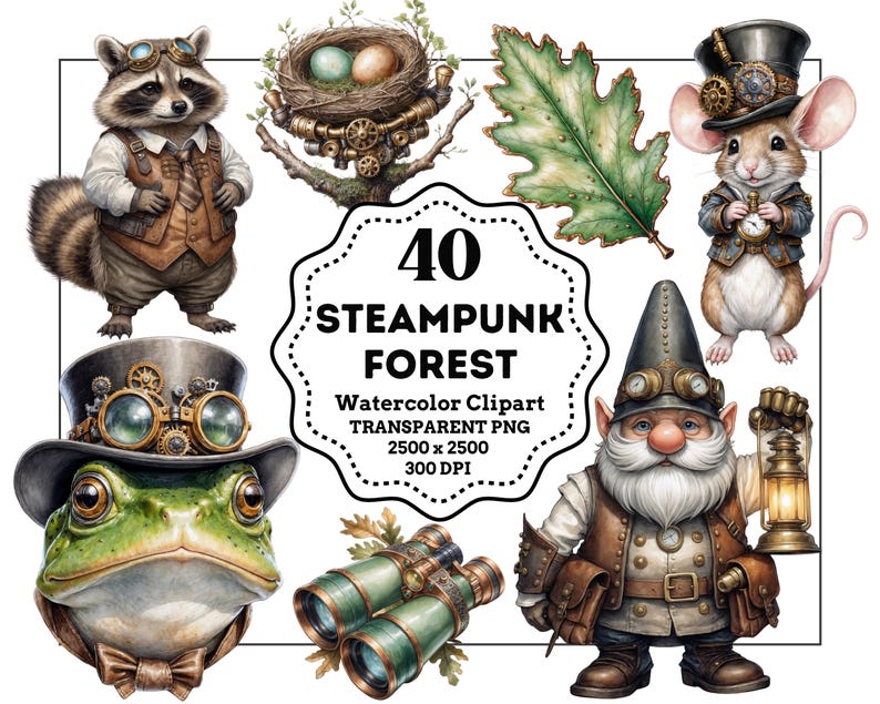 Steampunk Forest Fantasy Clipart Bundle | Woodland Animals, Gnomes ...
