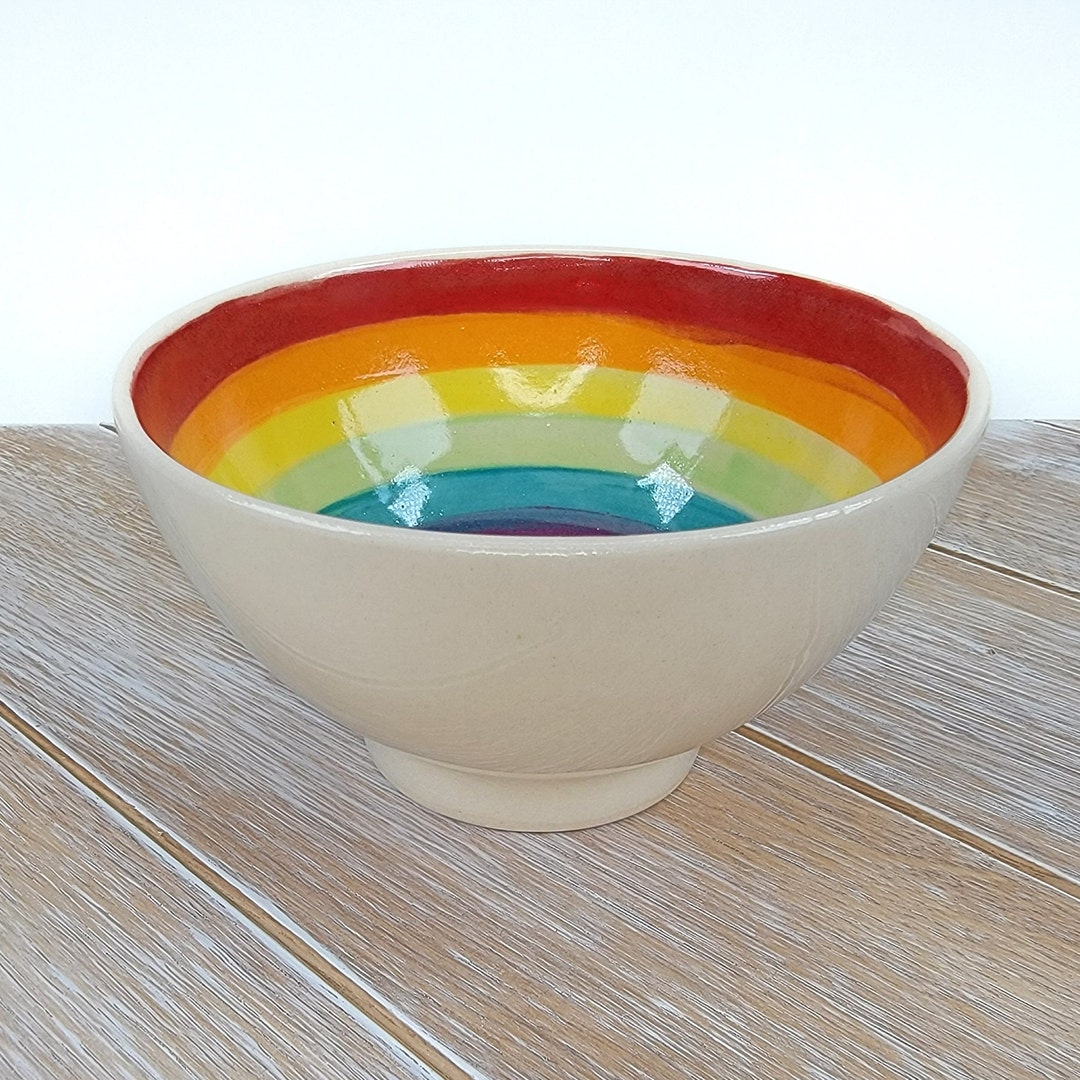 Rainbow Striped Pride Rice Bowl Dish White Decor Ceramic LGBTQIA LGBTQ ...