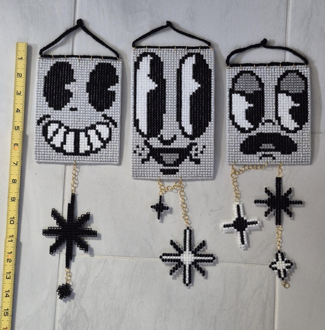 Handmade Set of 3 Retro Cartoon Faces Yarn Tapestry With Gold Chain - Etsy