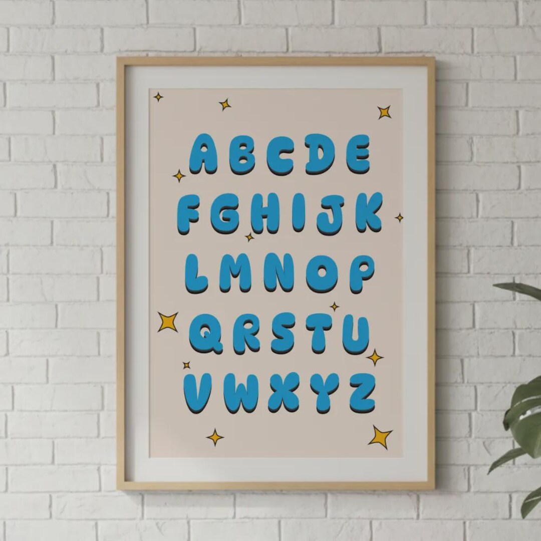 Alphabet Poster - Retro Blue and Beige Digital Print - Etsy