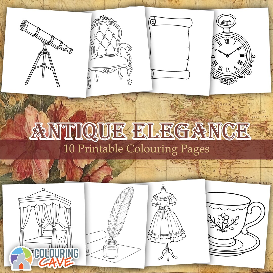 Antique Elegance - 10 Vintage Items Colouring Pages to Print at Home - Etsy
