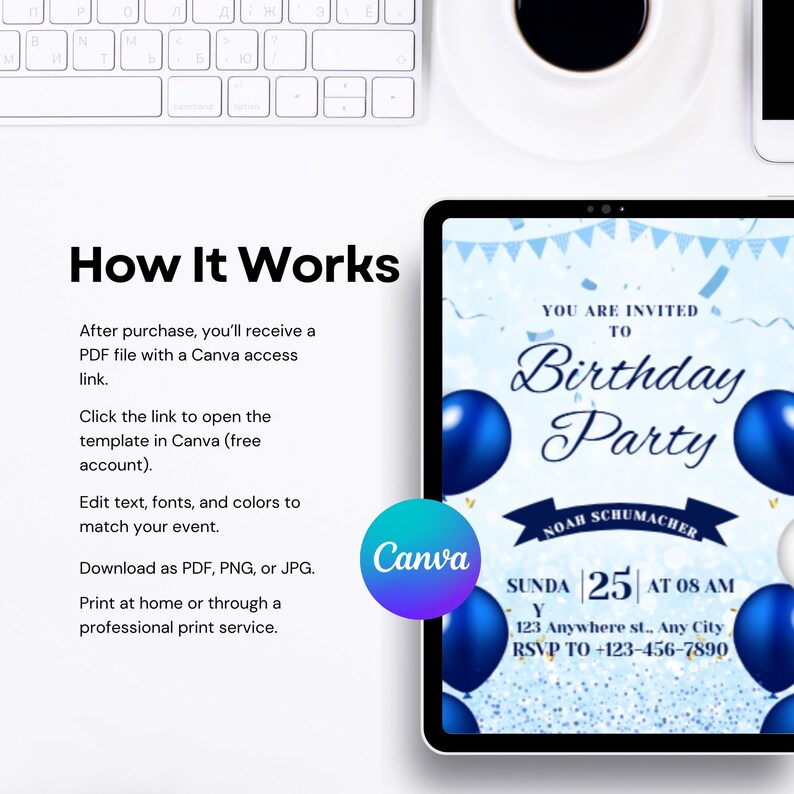 Blue Balloon Birthday Invitation Template, Editable Party Invite ...