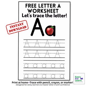 Letter A Tracing Worksheet | Alphabet Printable PDF for Preschool, Prek ...