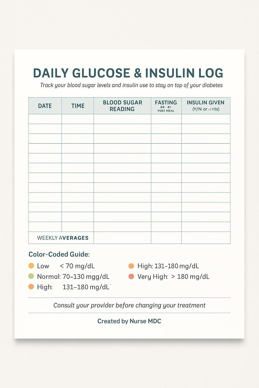 Glucose & Insulin Log Printable – Diabetes Tracker for Blood Sugar and ...