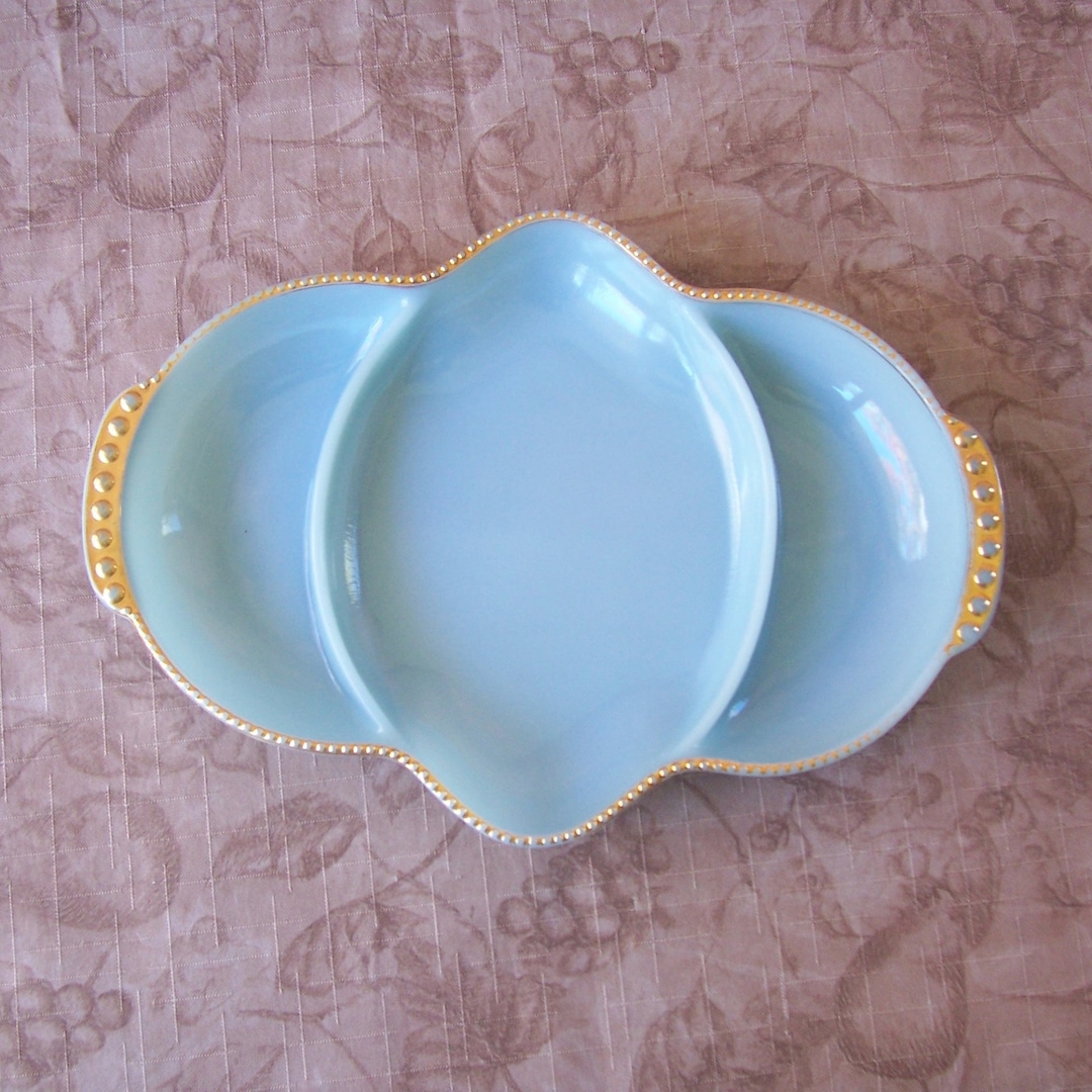 Vintage RARE Fire King Delphite Azurite Blue Divided Dish With Gold ...