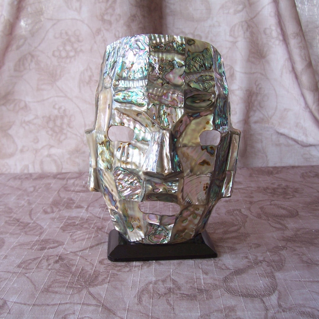 Vintage Cubist Mosaic Abalone Shell Inlay Tribal Death Mask Sculpture ...