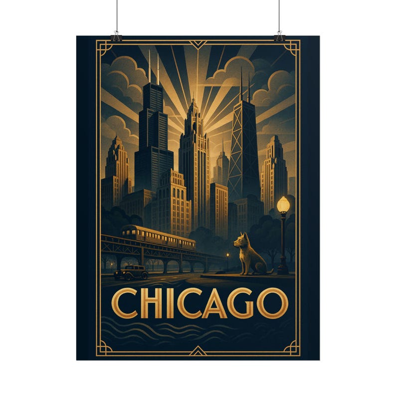 Vintage Chicago Cityscape Rolled Poster, Art Deco Print, Home Decor ...