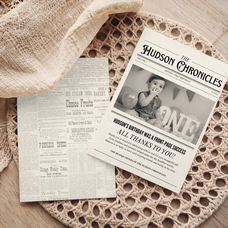 Vintage Newspaper Photo Thank You Card Printable, Beige Retro 1st ...