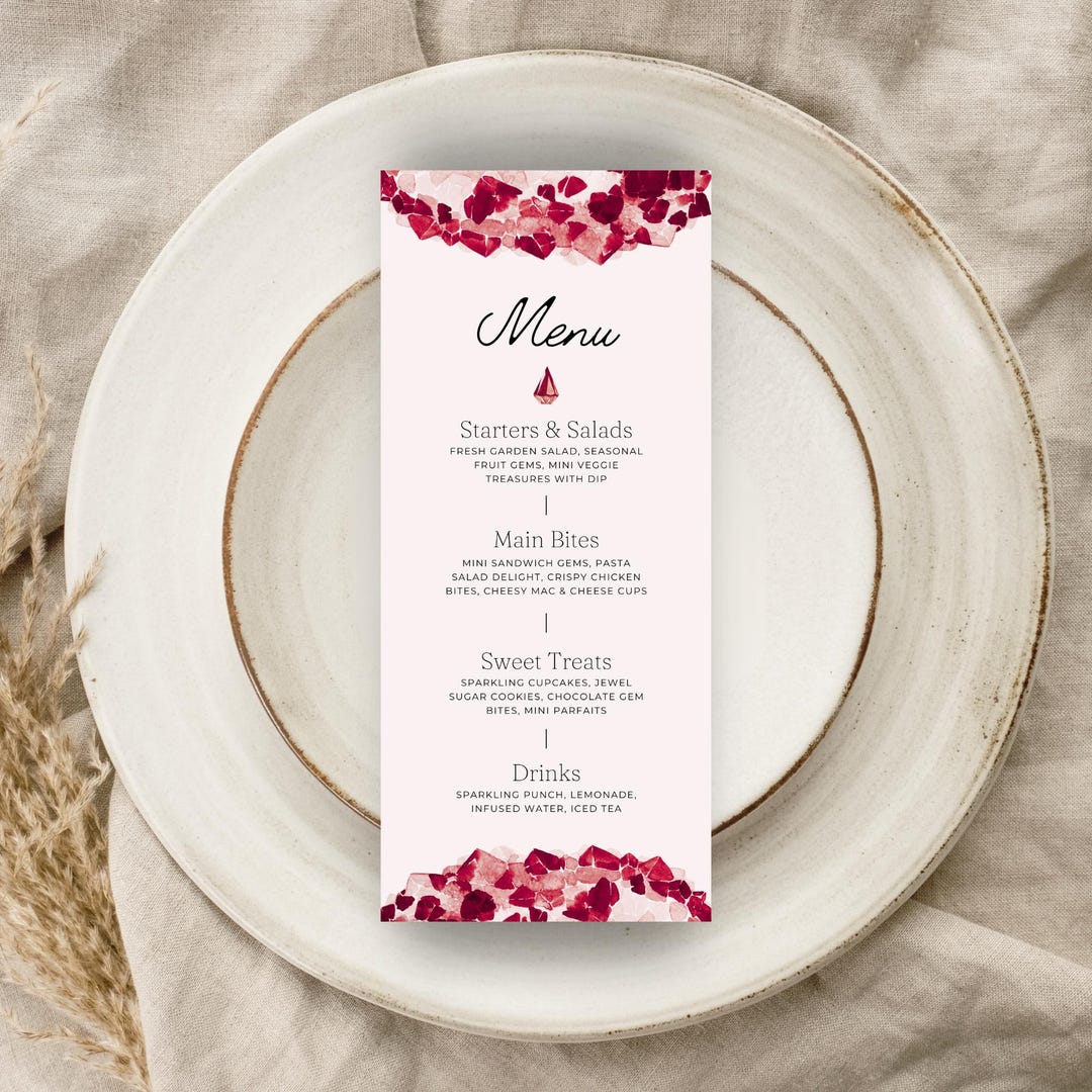 January Garnet Menu Card Printable: Red Little Gem Birthday Party Theme ...