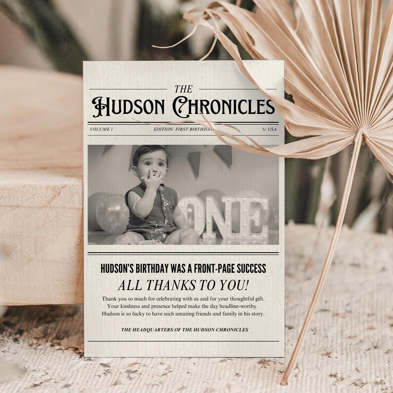Vintage Newspaper Photo Thank You Card Printable, Beige Retro 1st ...