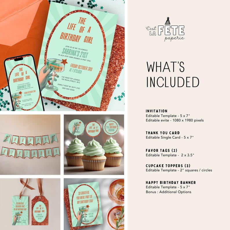 Life of a Birthday Girl Party Bundle, Glitter Orange & Mint Showgirl ...