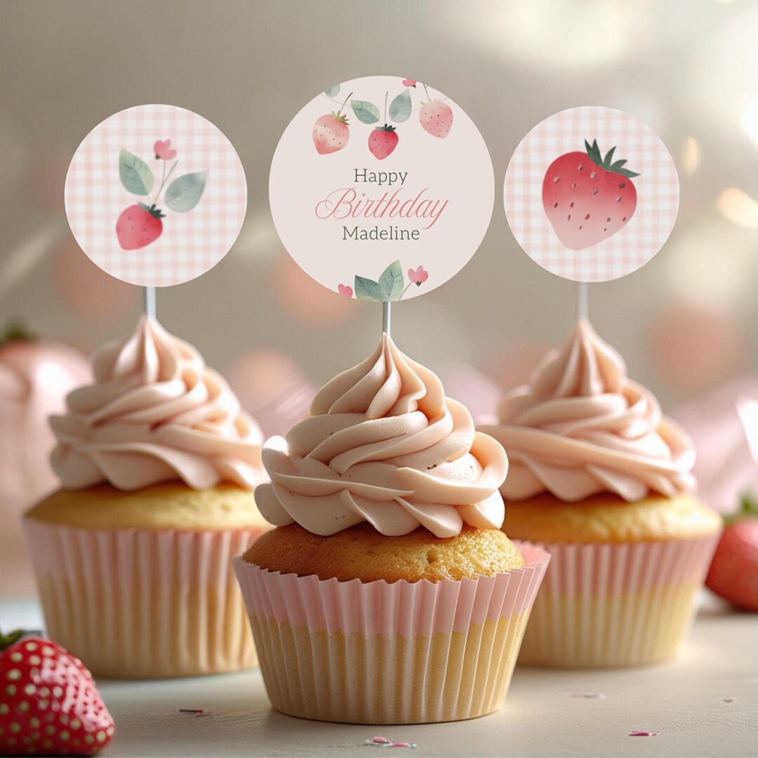 Berry First Cupcake Topper Printable, Strawberry 1st Birthday Girl ...