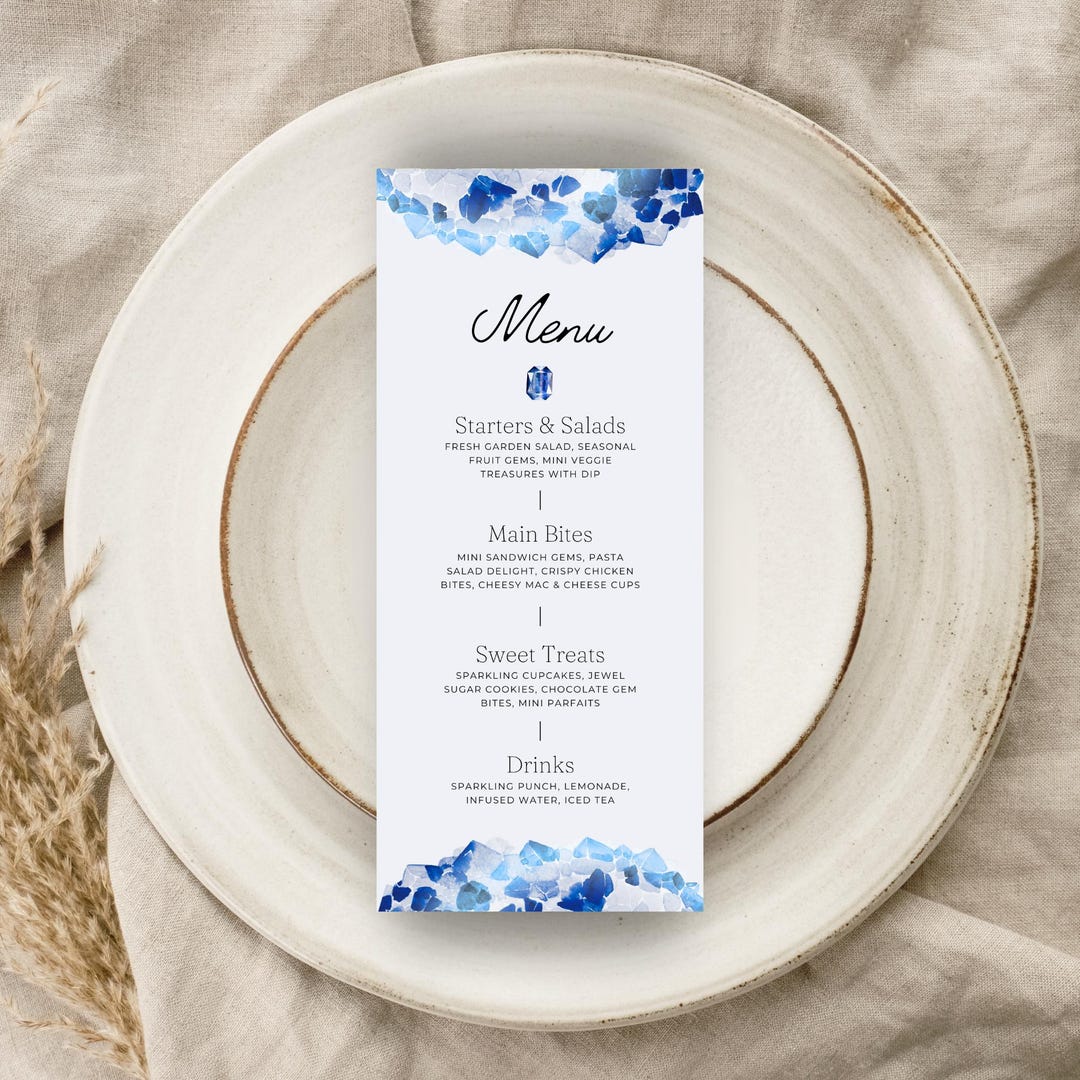 September Sapphire Menu Card Printable: Blue Little Gem Birthday Party ...